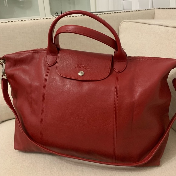 Longchamp | Bags | Longchamp Le Pliage Cuir Leather Tote Bag Red | Poshmark